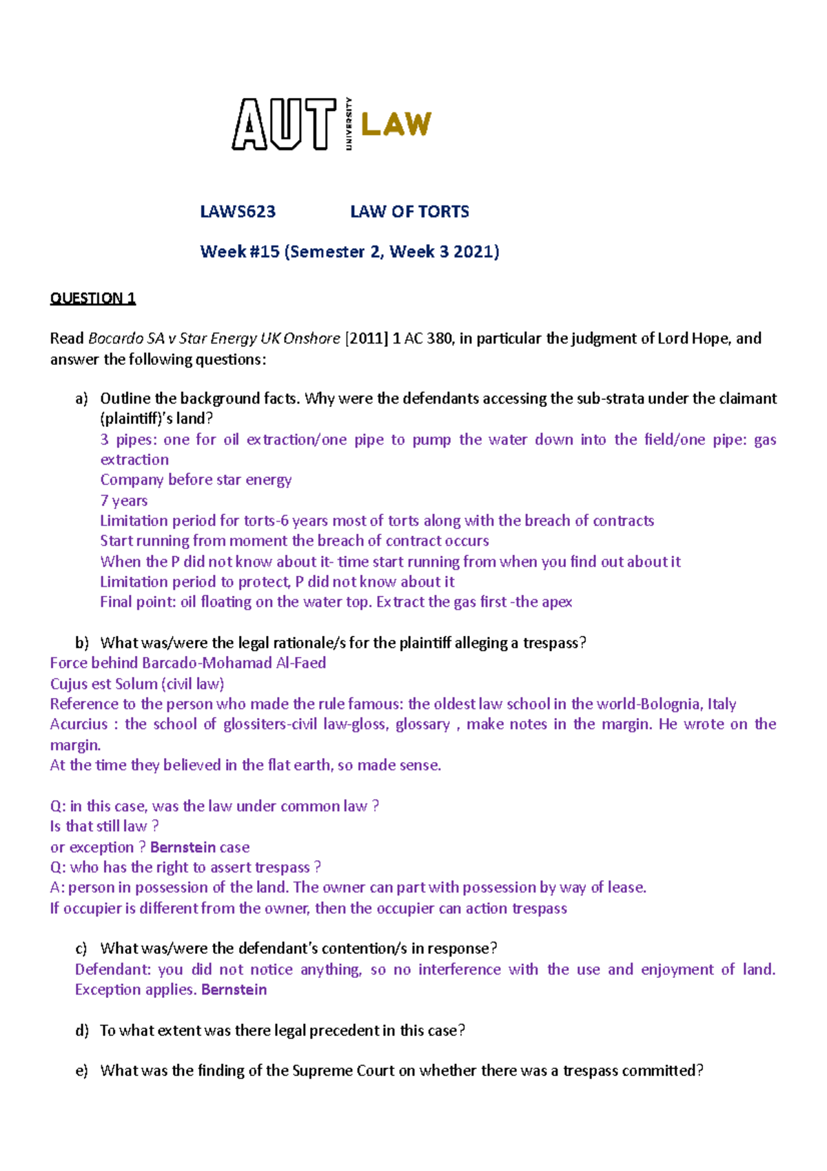 15 Torts 2021 Week 15 Workshop Questions With Notes Laws623 Law Of