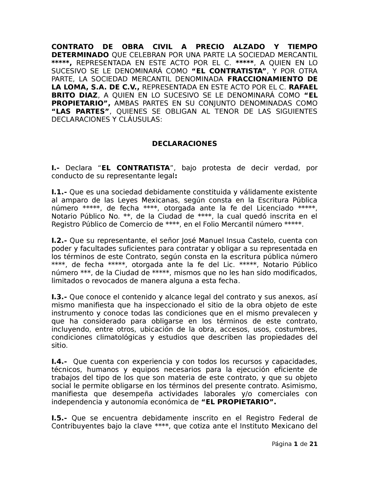 Contrato De Obra Contrato De Obra A Precio Alzado Que Celebran Por