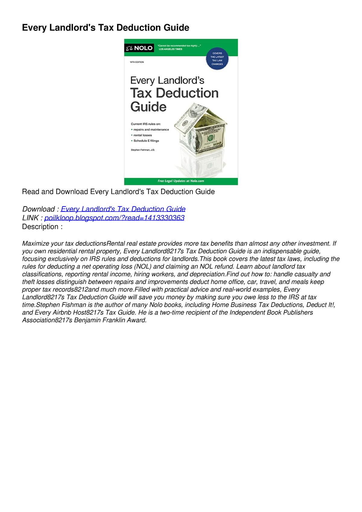 Pdf Book Download Every Landlords Tax Deduction Guide Read Every