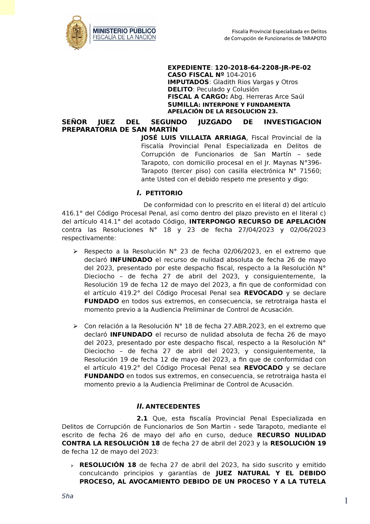 Recurso De Nulidad Caso 104 2016 22222 Derecho Procesal Penal I Ucv