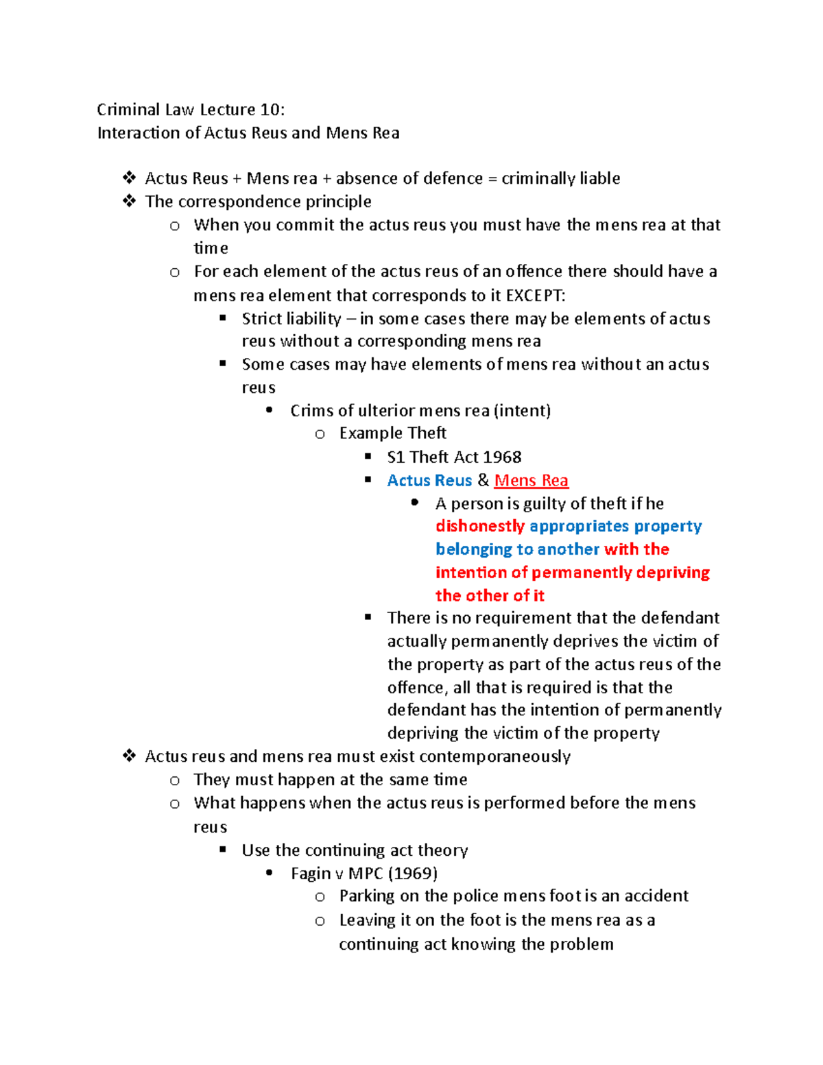 10 Actus Reus And Mens Rea Criminal Law Lecture 10 Interaction Of