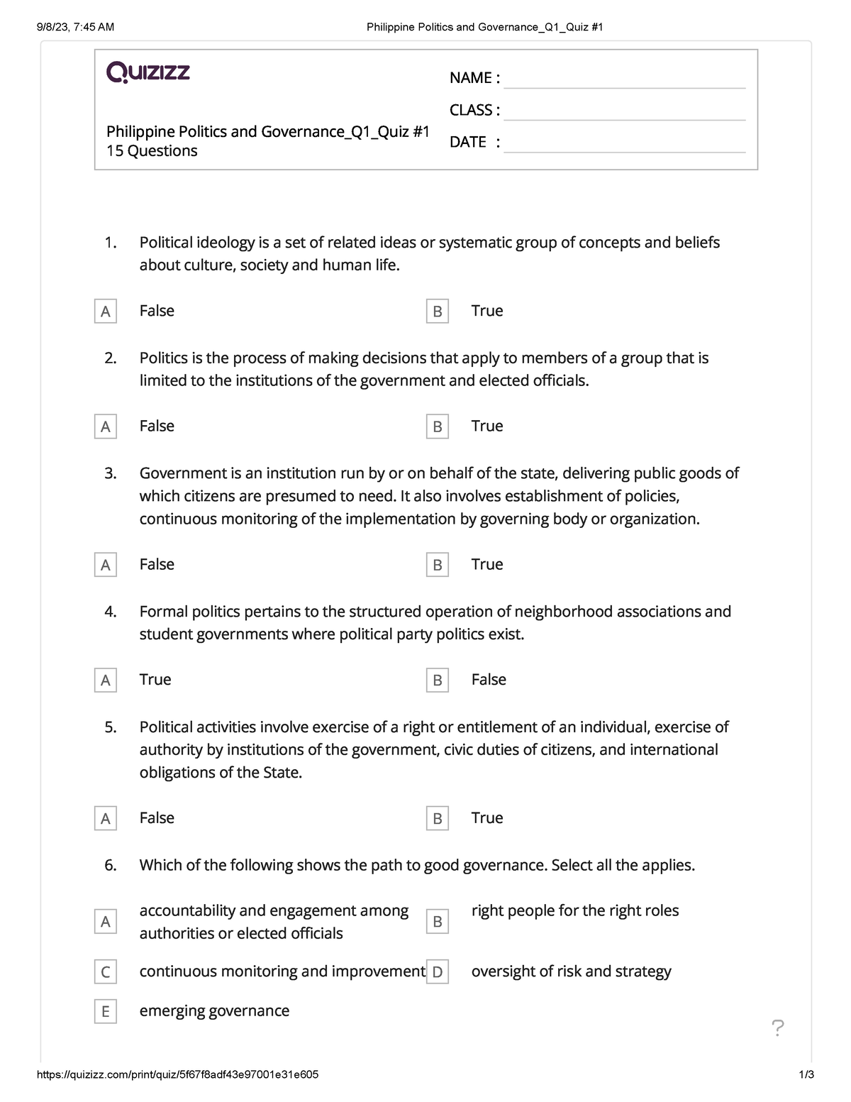 Philippine Politics And Governance Q1 Quiz 1 9823 745 Am