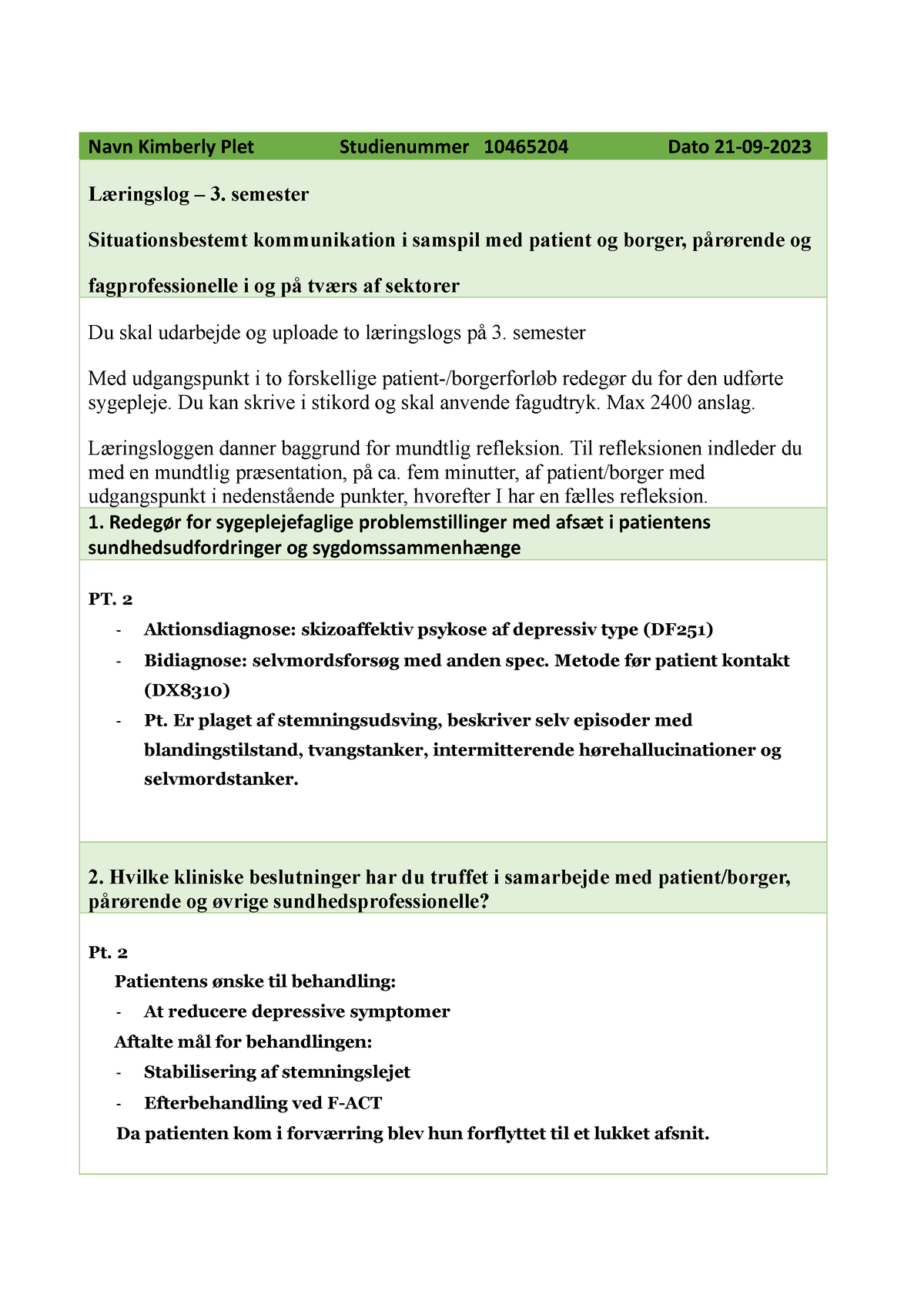 3 Sem Log Pt 2 Logbog På 3 Semester Navn Kimberly Plet Studienummer