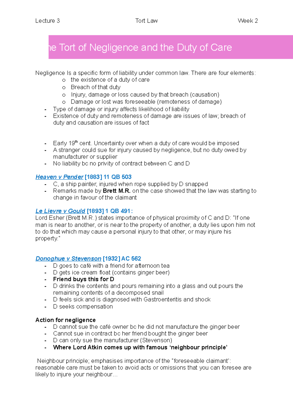 Tort Of Negligence And Duty Of Care Lecture 3 Tort Law Week 2