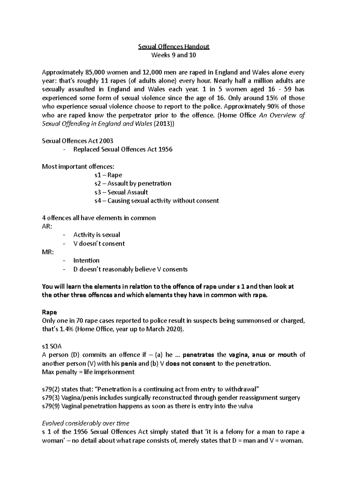 Sexual Offences Handout Sexual Offences Handout Weeks 9 And 10