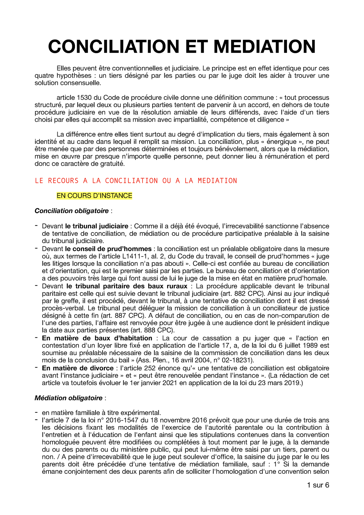 La Conciliation Et La Mediation Cours Droit Université Paris 13