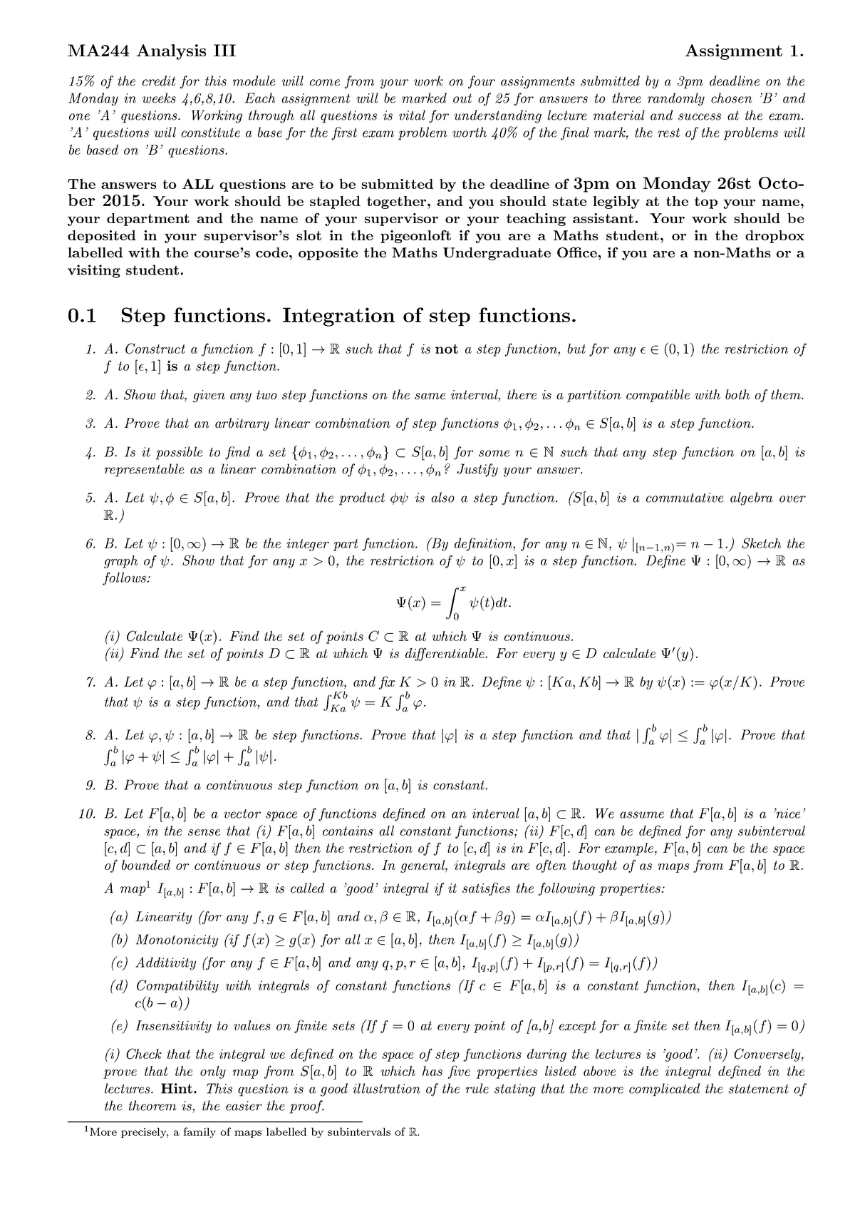 Ma244 2015 2016 Assignment 1 Ma244 Analysis Iii Assignment 1 15 Of