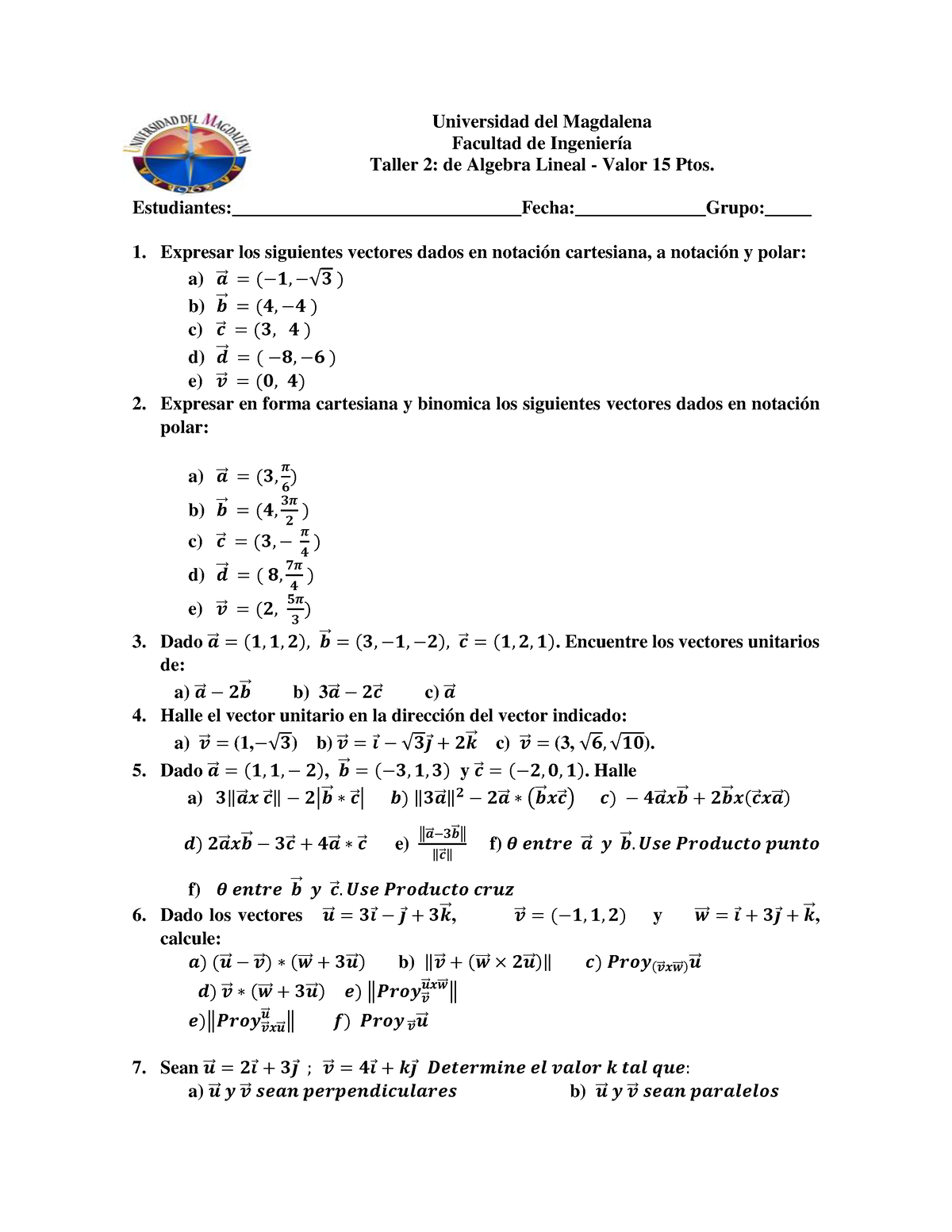 Taller 2 De Algebra Lineal Ii 2022 Universidad Del Magdalena