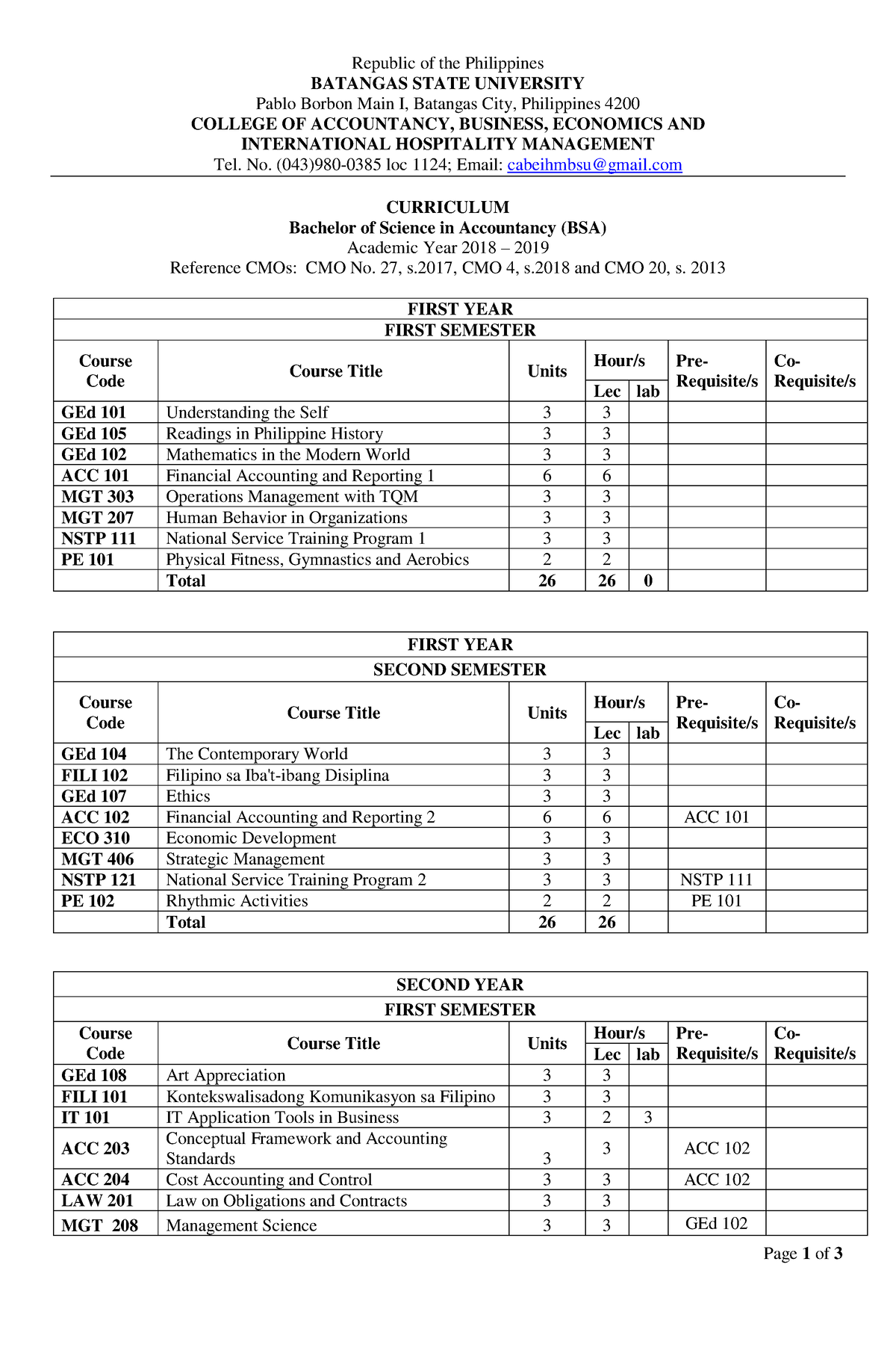 Bachelor Of Science In Accountancy Bsa Curriculum Page 1 Of 3