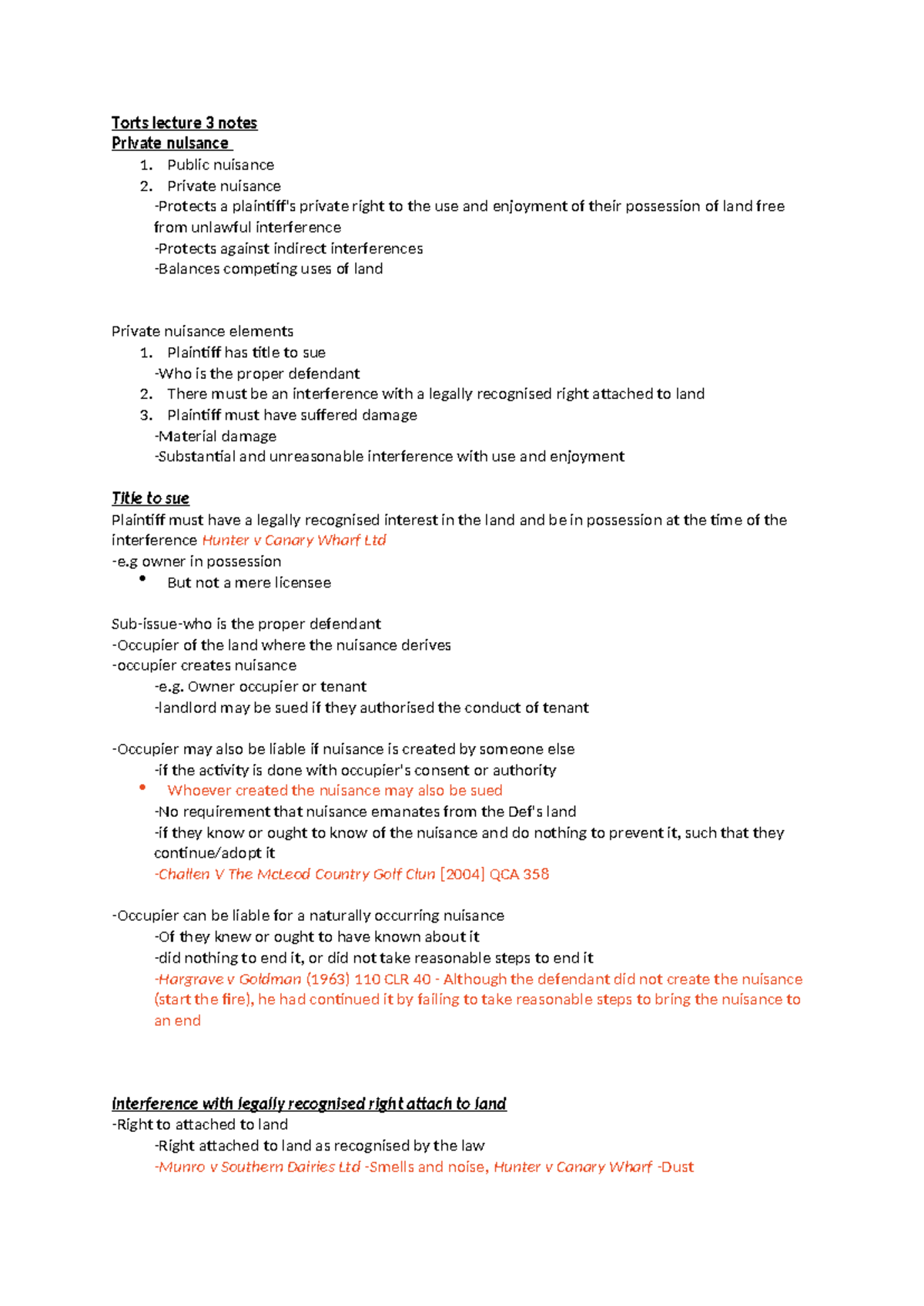 Torts Lecture 3 Notes Torts Lecture 3 Notes Private Nuisance 1