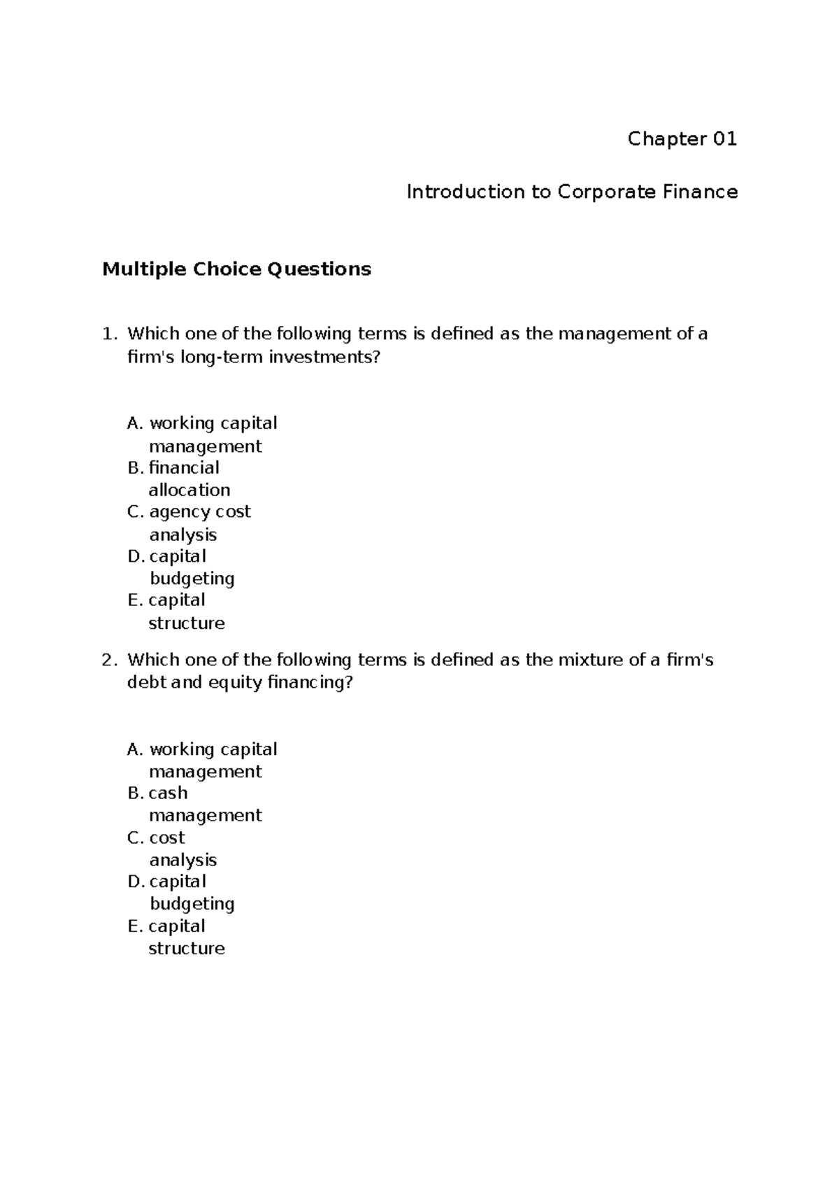 Multiple Choice Questions In Fundamentals Of Finance Chapter 01