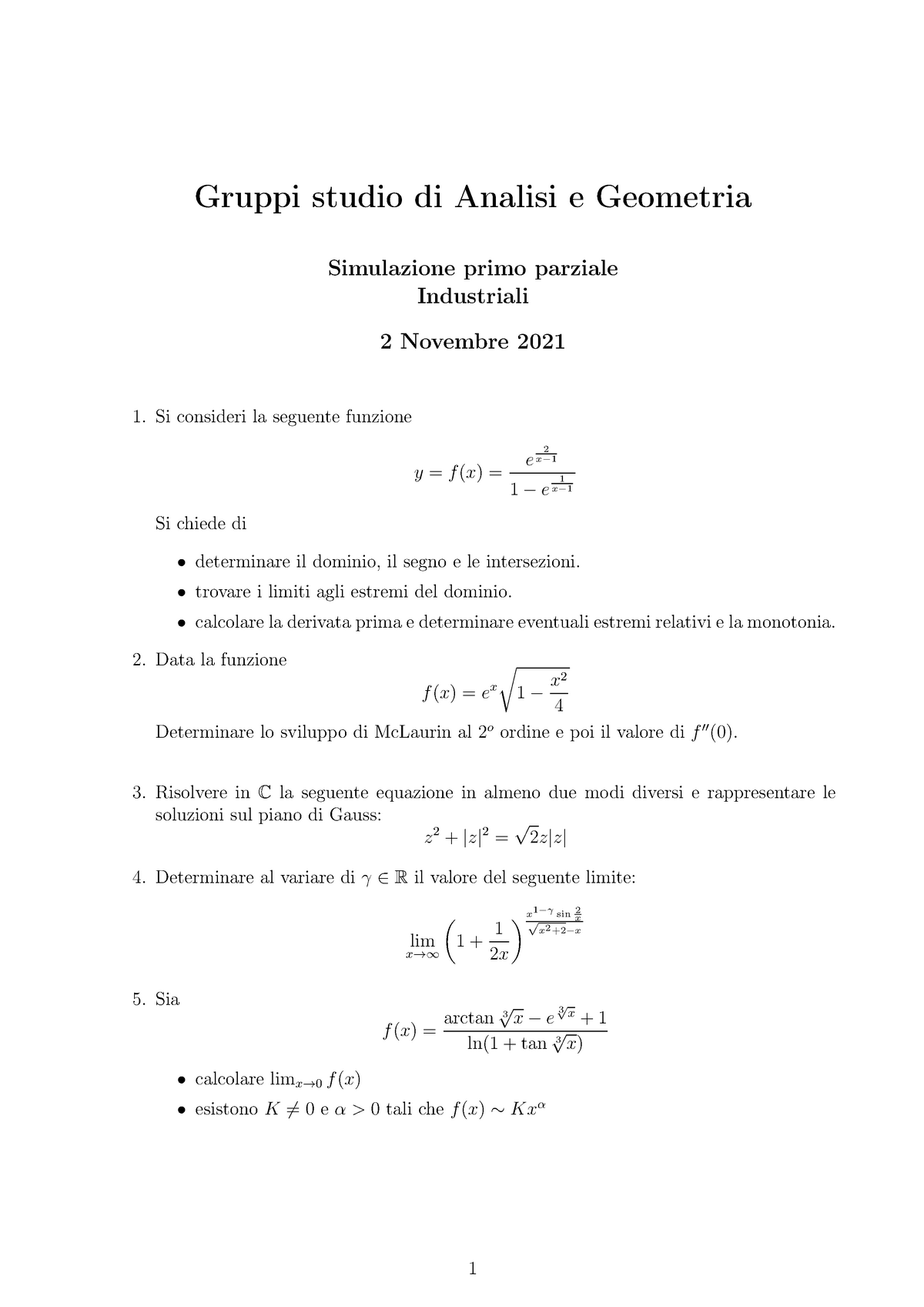 Esercizi Di Preparazione Al Primo Parziale 2021 Analisi E Geometria 1