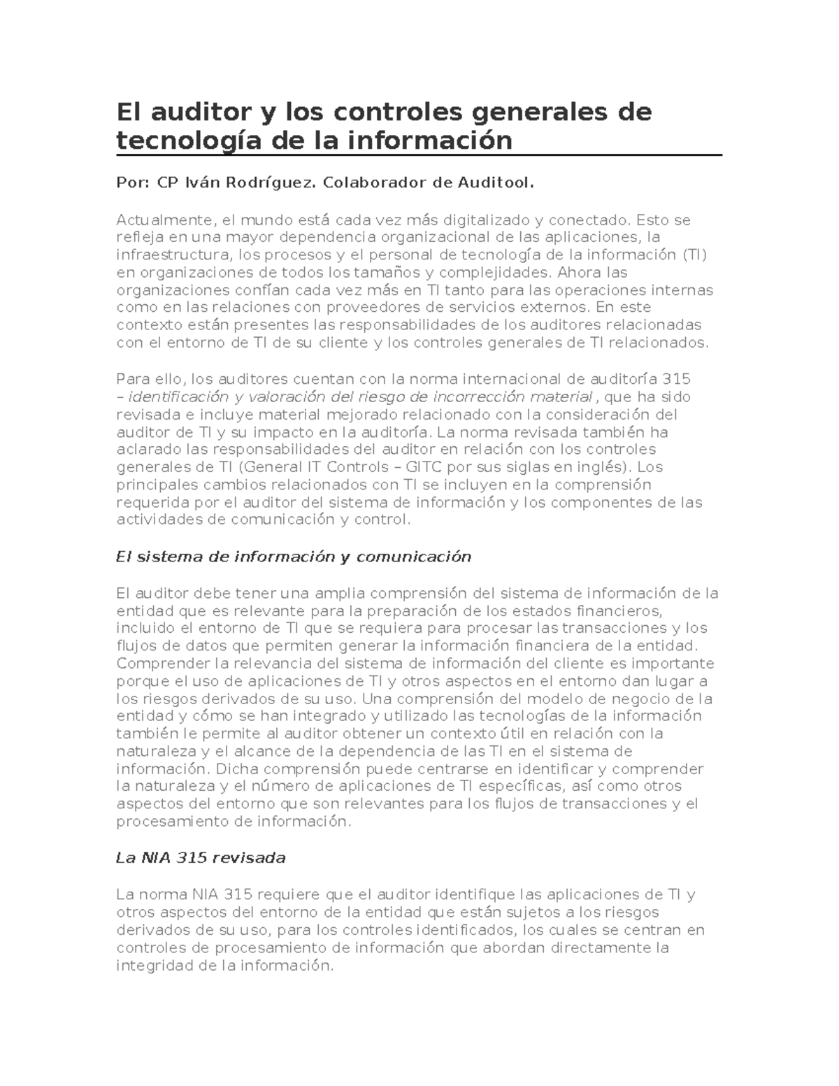 El Auditor Y Los Controles Generales De Tecnología De La Información