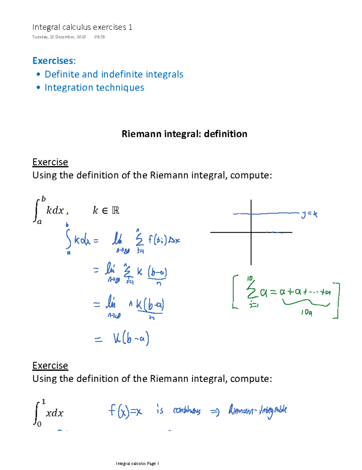 Integral Calculus Exercises 1 Exercises Definite And Indefinite