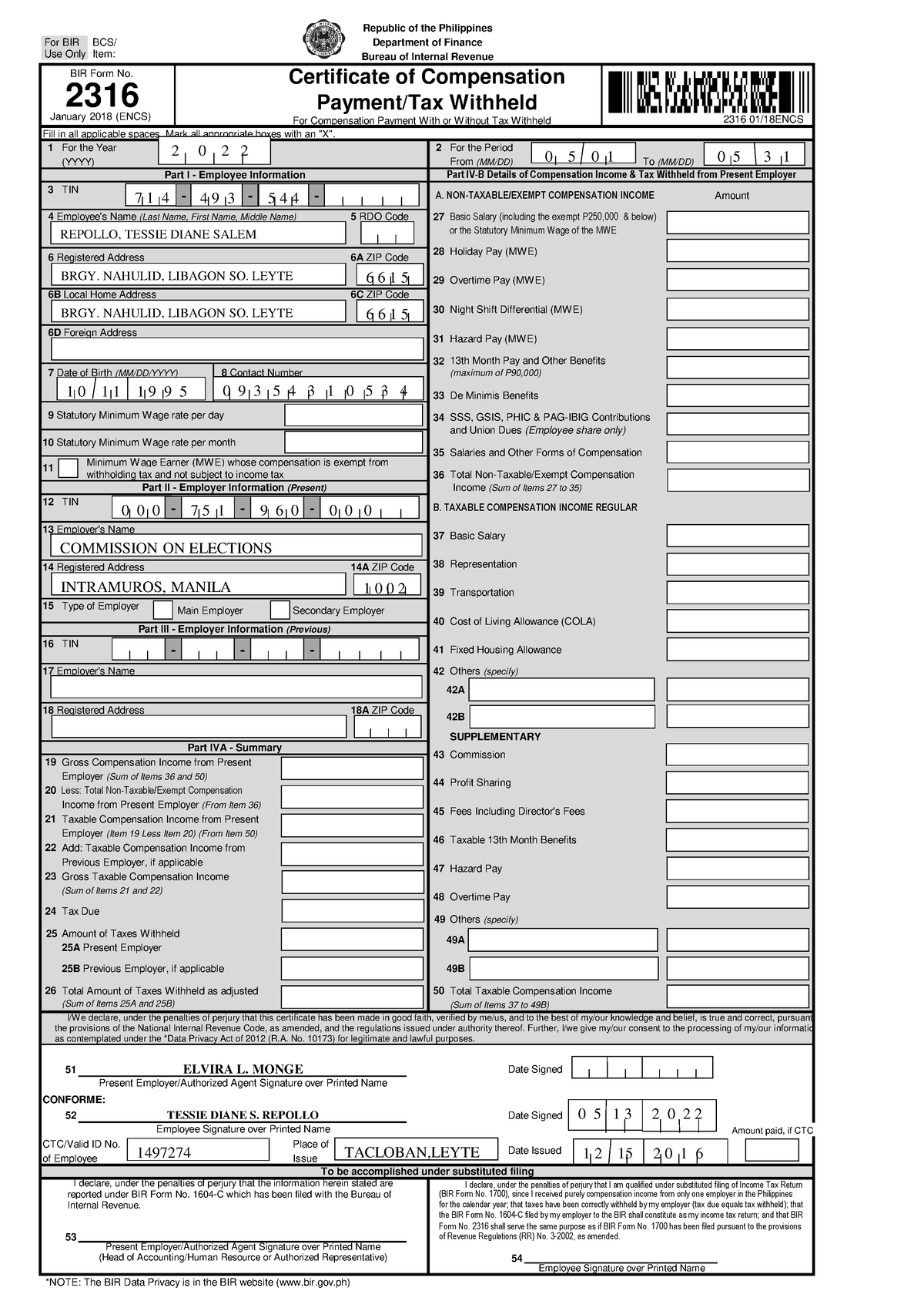 Bir Form 2316 For Govt Employees For Compensation Payment With Or