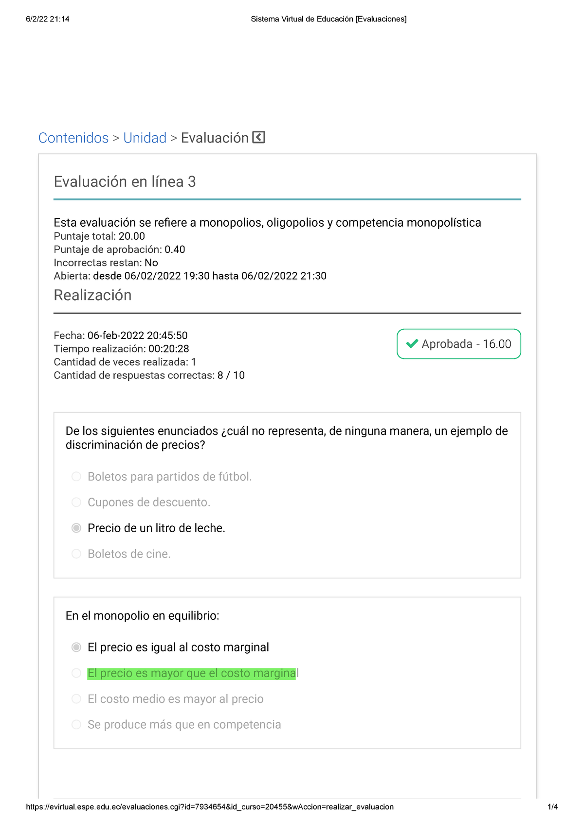 Sistema Virtual De Educación Evaluaciones Micro Oligolpoliom Y