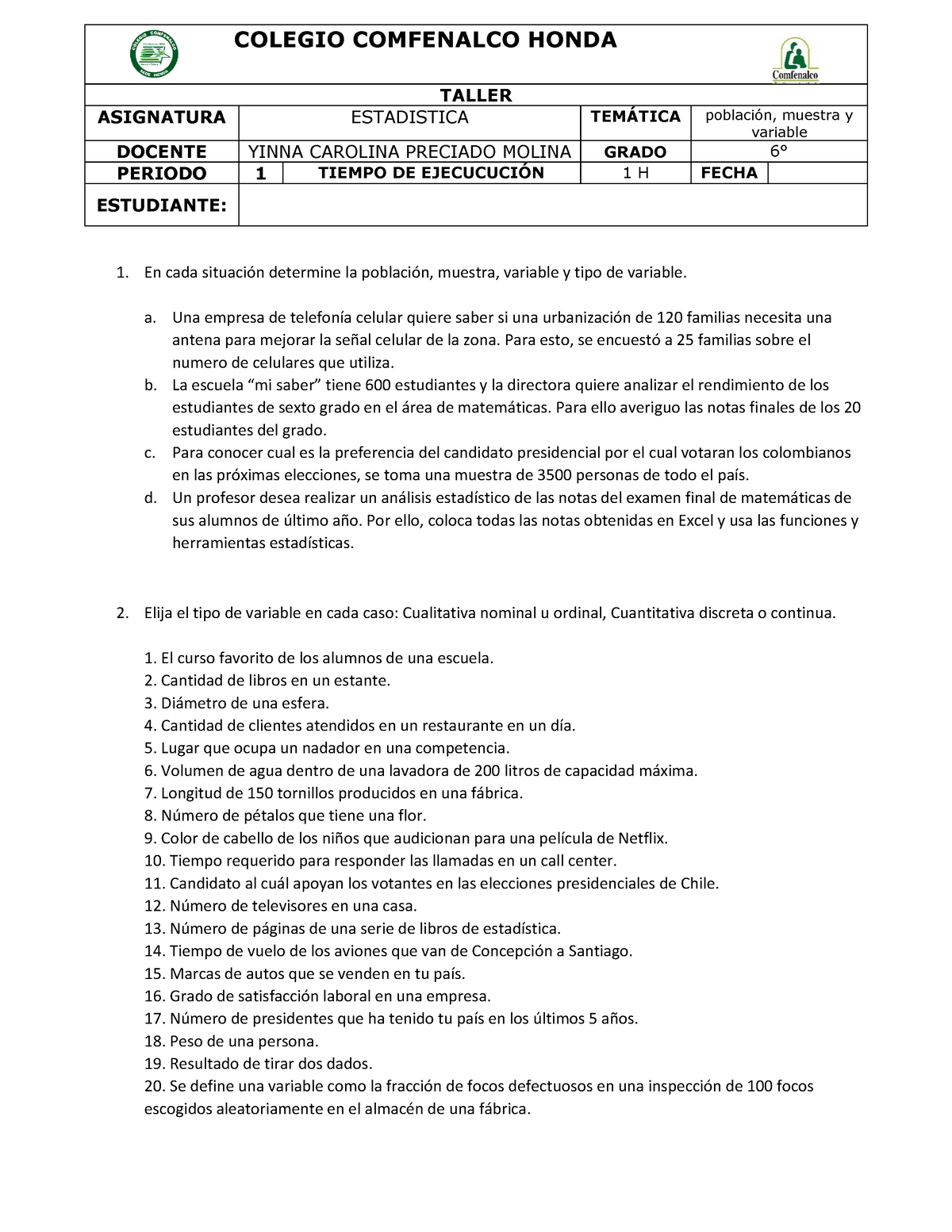 Taller Estadistica Grado 6° En Cada Situación Determine La Población