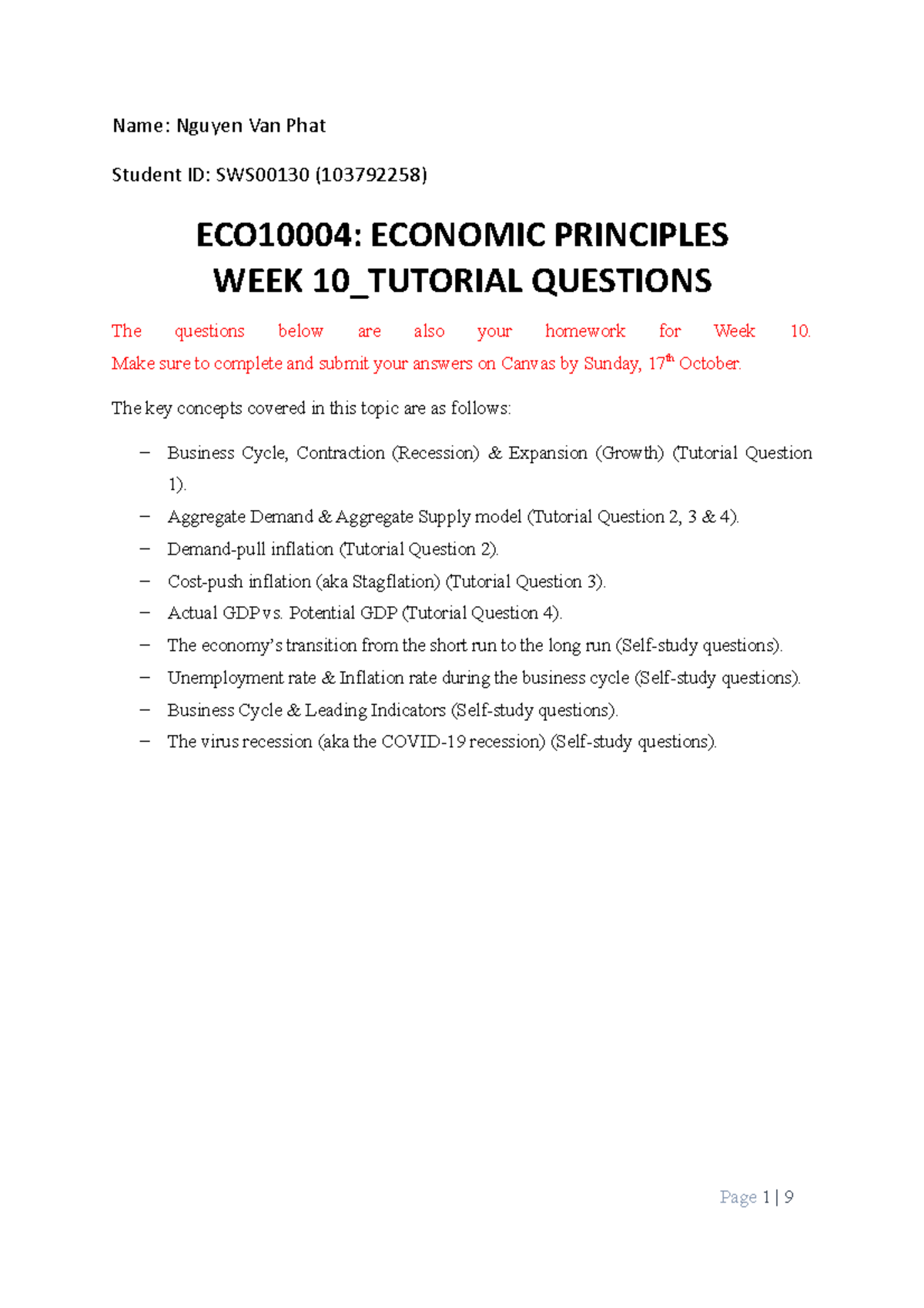 Eco10004 Week 10 Nguyen Van Phat 103792258 Name Nguyen Van Phat