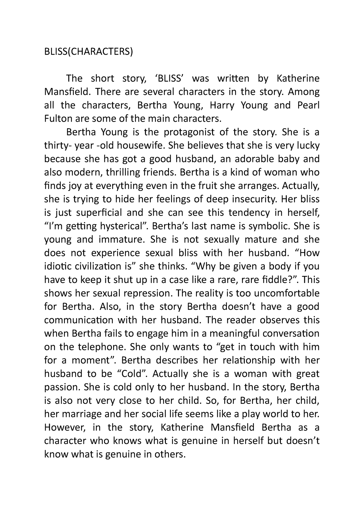 Bliss Summary Blisscharacters The Short Story ‘bliss Was