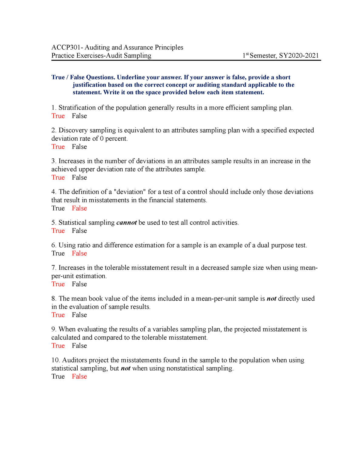 Audit Sampling Practice Exercises Students Accp301 Auditing And