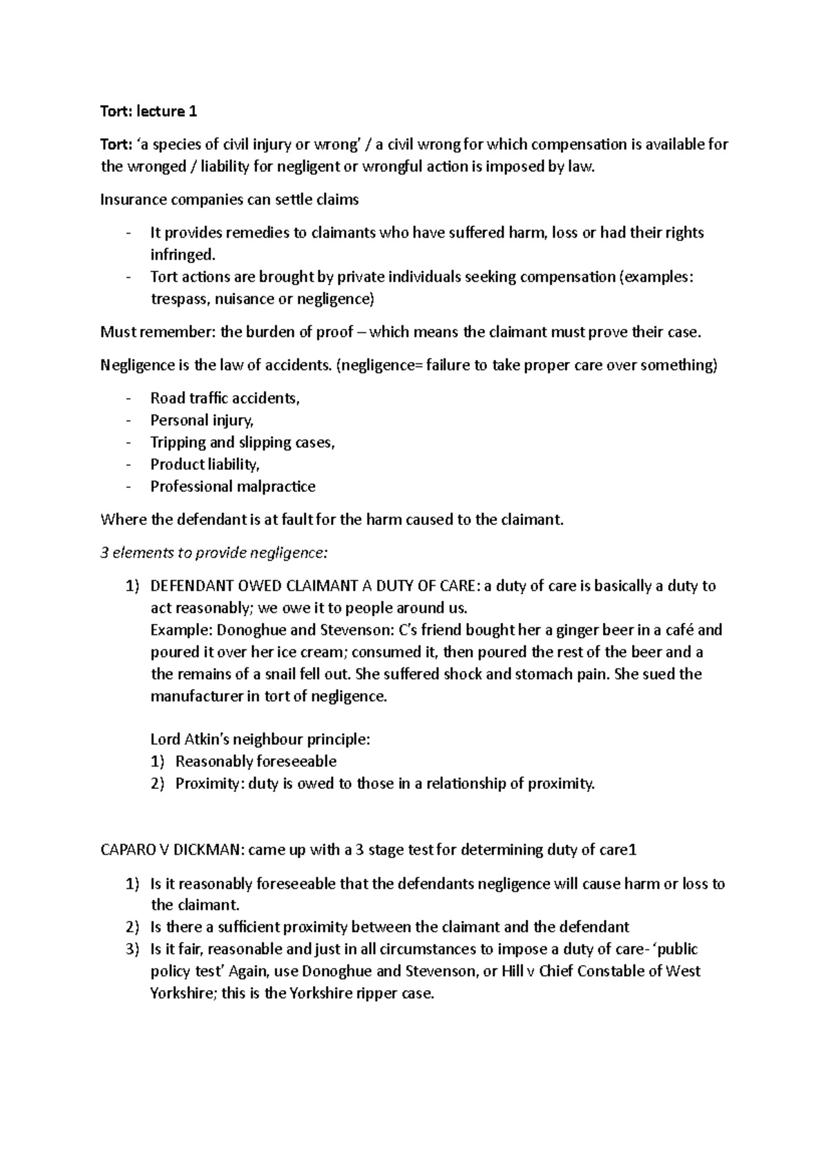 Lecture 3 Notes Tort 1 Introduction To Tort Law Tort Lecture 1