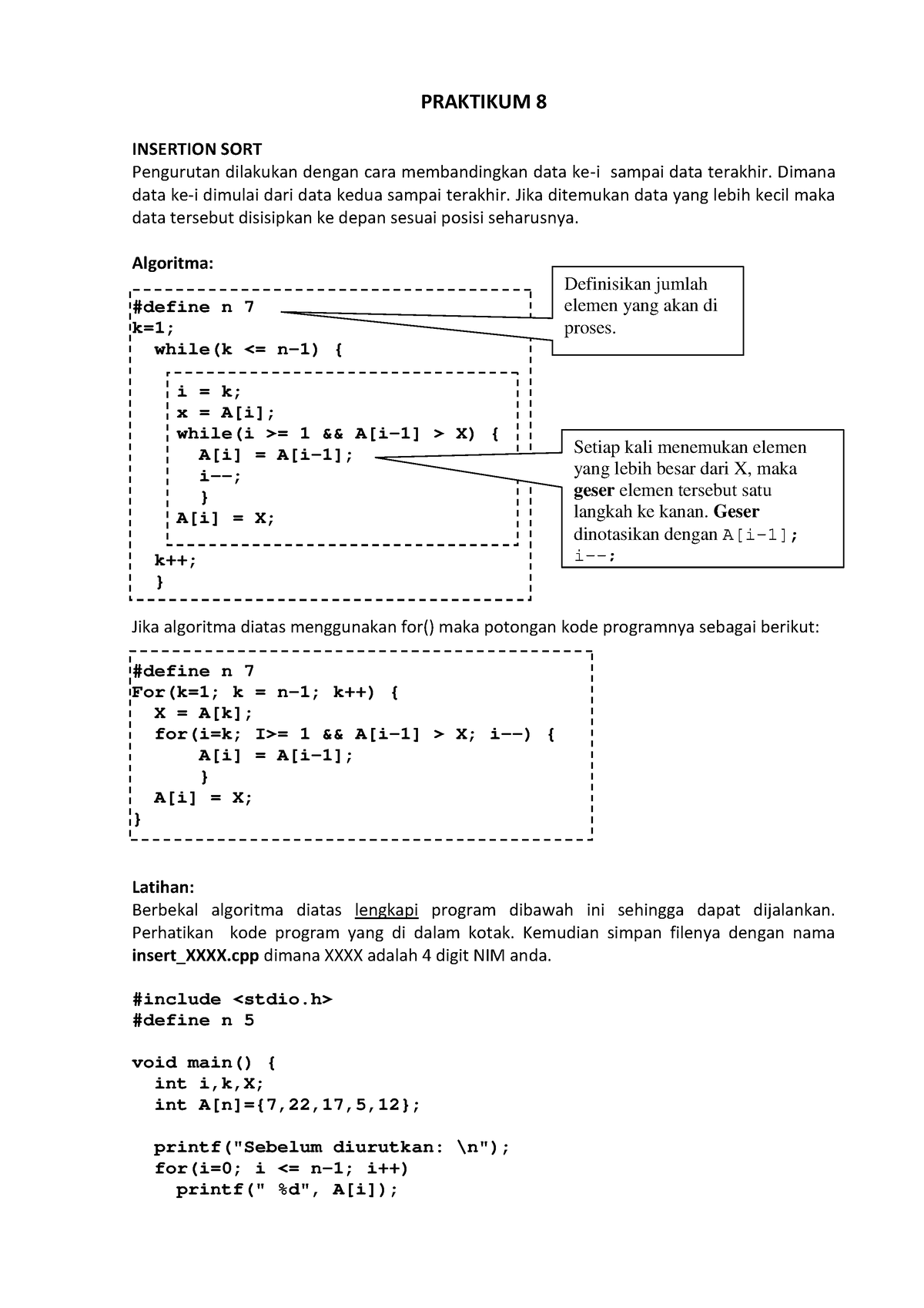 Modul Praktikum Struktur Data Bagian 8 Insertion Sort Define N 7 K1