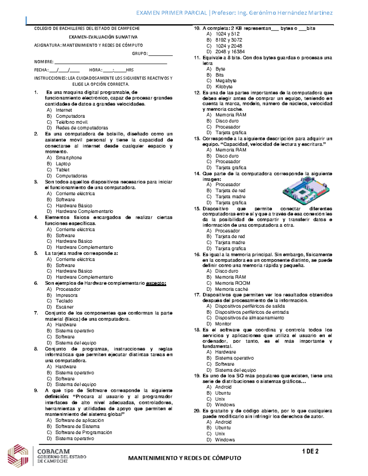 Man Examen Primer Parcial Examen Primer Parcial Profesor Ing