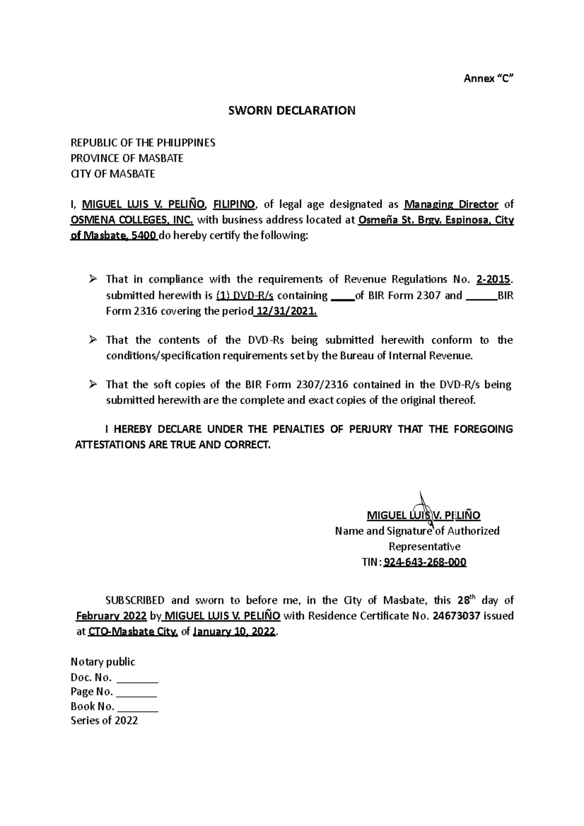 Sworn Declaration Pre Form Of Sworn Dec Annex “c” Sworn Declaration