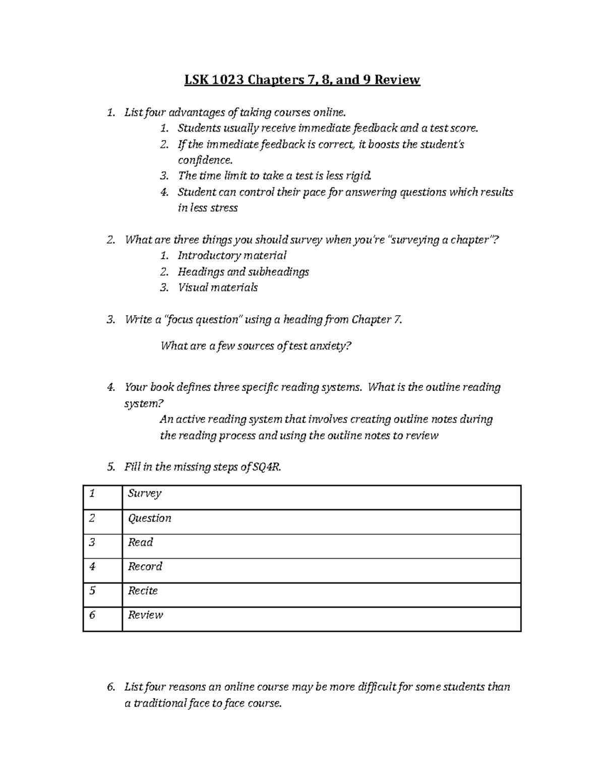 Test Review Chapters 789 Lsk 1023 Chapters 7 8 And 9 Review List