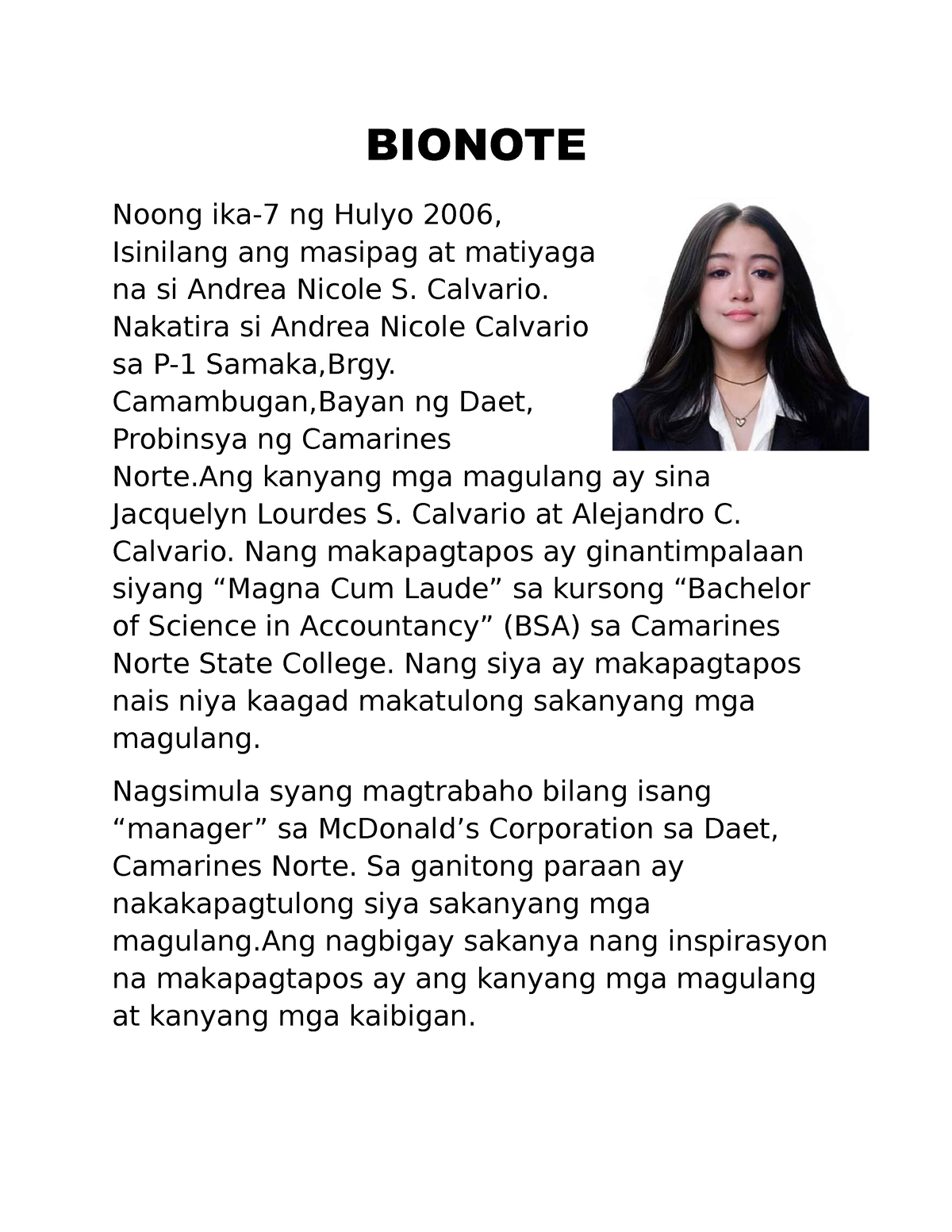 Halimbawa Ng Bionote