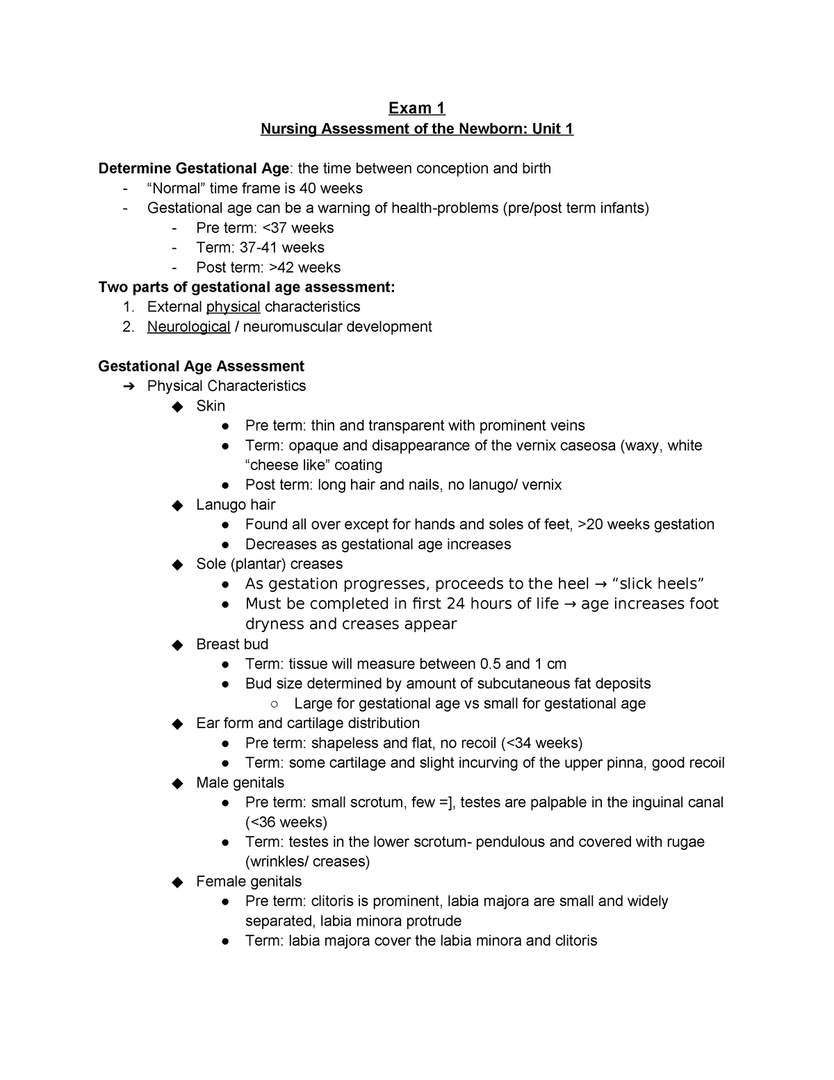 Nur 306 Final Exam Exam 1 Nursing Assessment Of The Newborn Unit 1