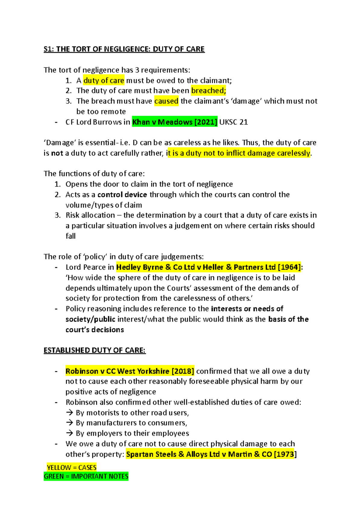 S1 Duty Of Care Tort Duty Of Care Seminar Work S1 The Tort Of