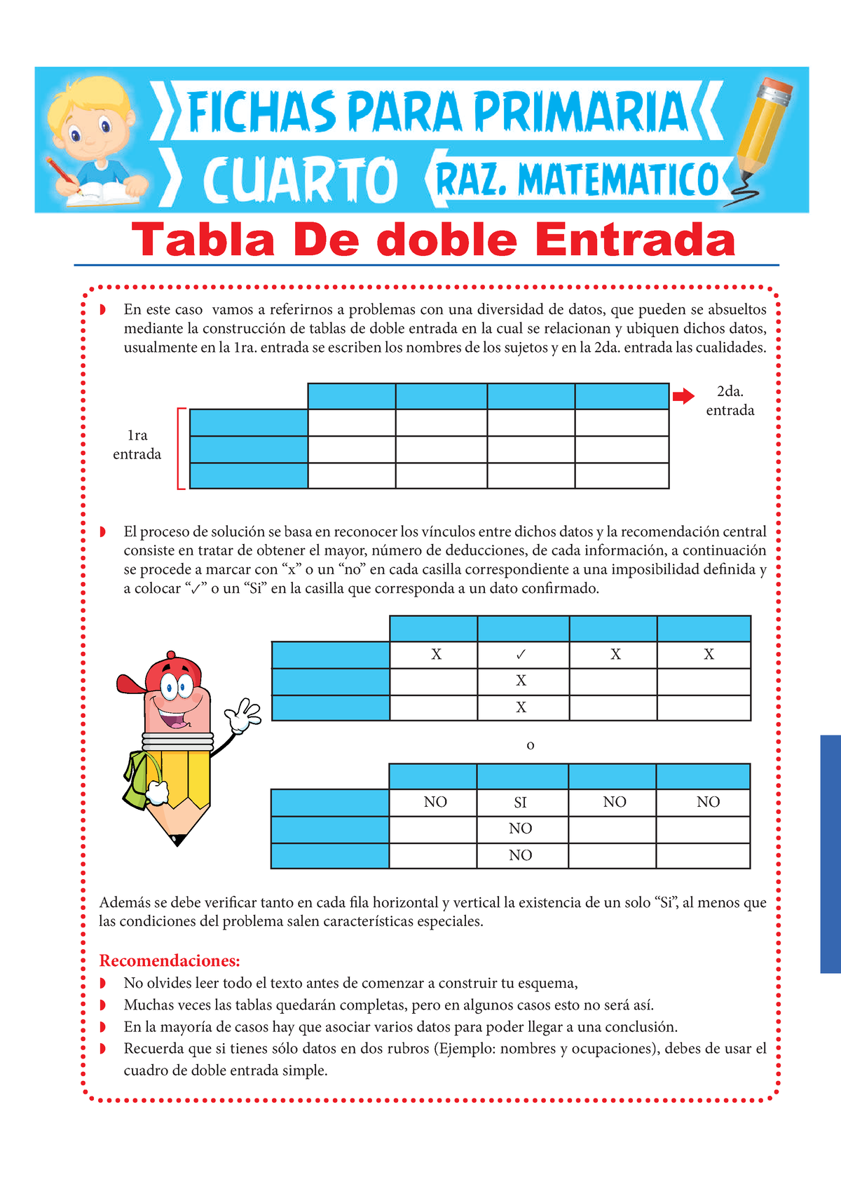 Tabla De Doble Entrada Para Cuarto De Primaria Z En Este Caso Vamos A