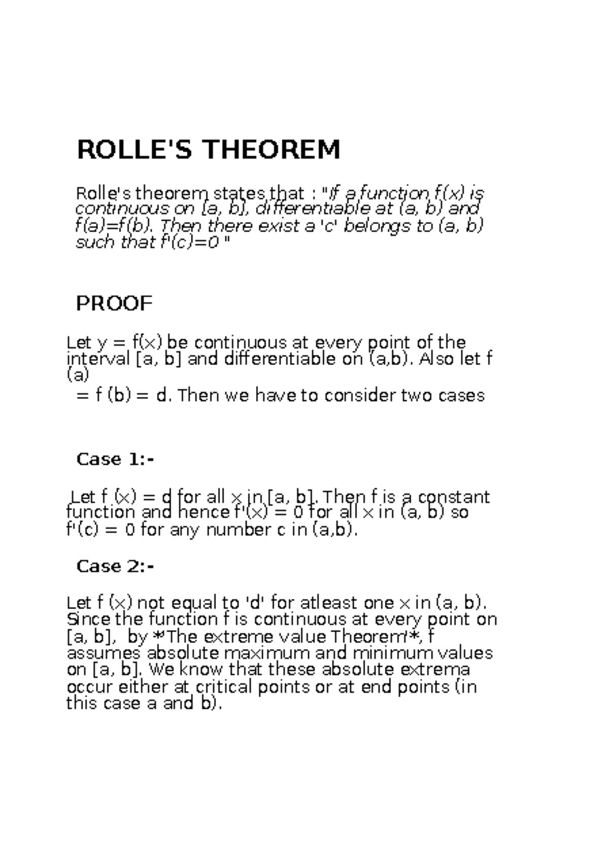 Shana Rolles Theorem Theory And Proof With Example Rolles Theorem