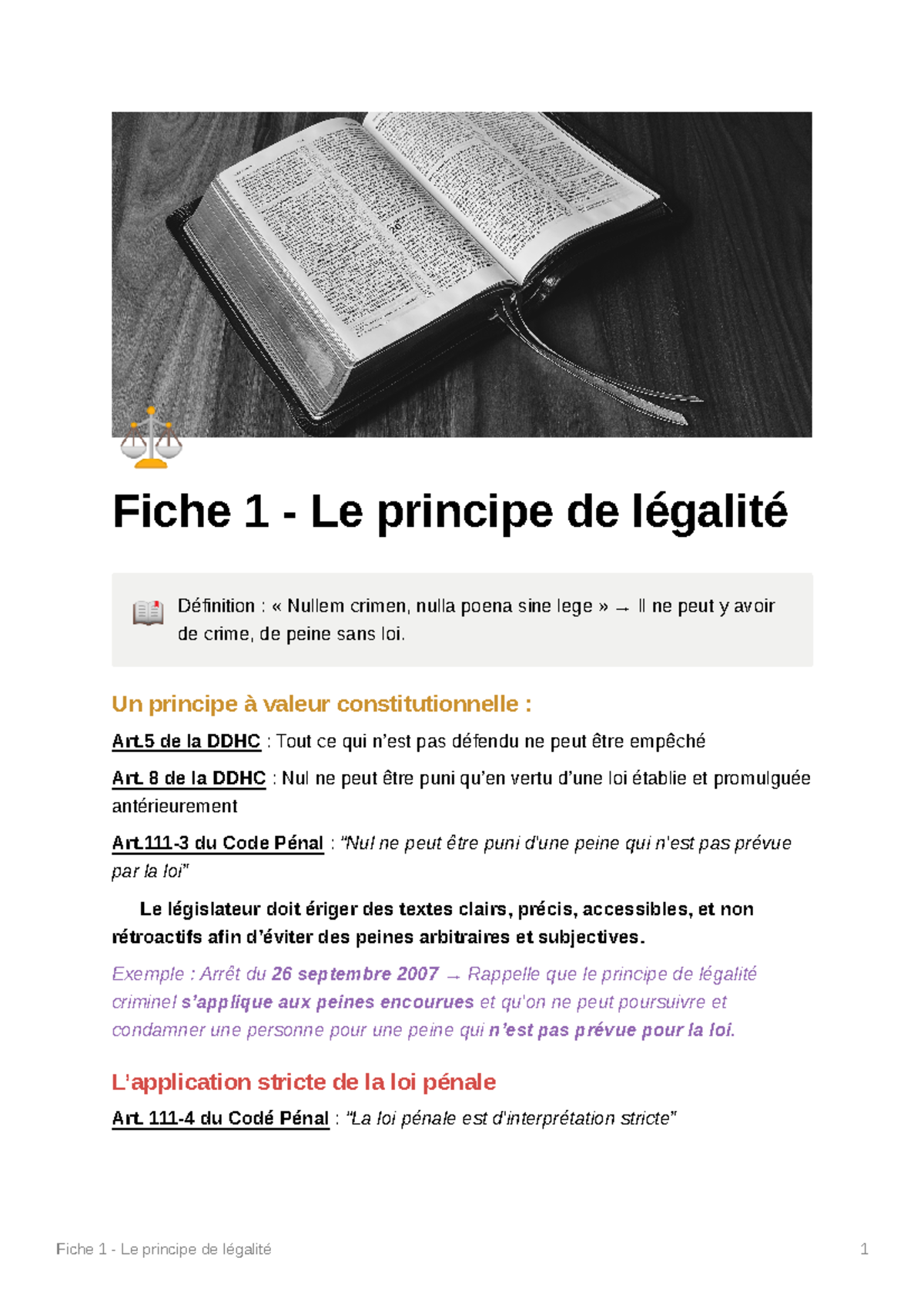 Fiche De Droit Pénal Réalisée Par Une étudiante Fiche 1 Le Principe