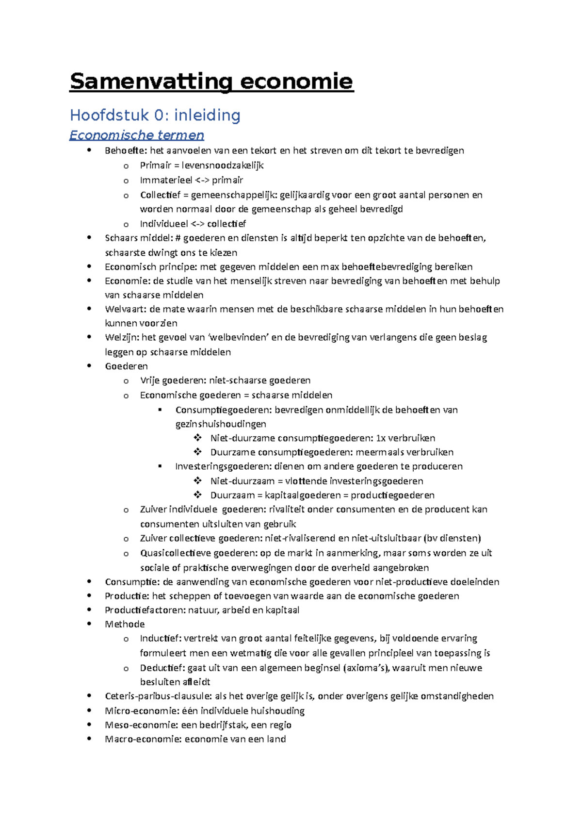 Samenvatting Economie Samenvatting Economie Hoofdstuk 0 Inleiding