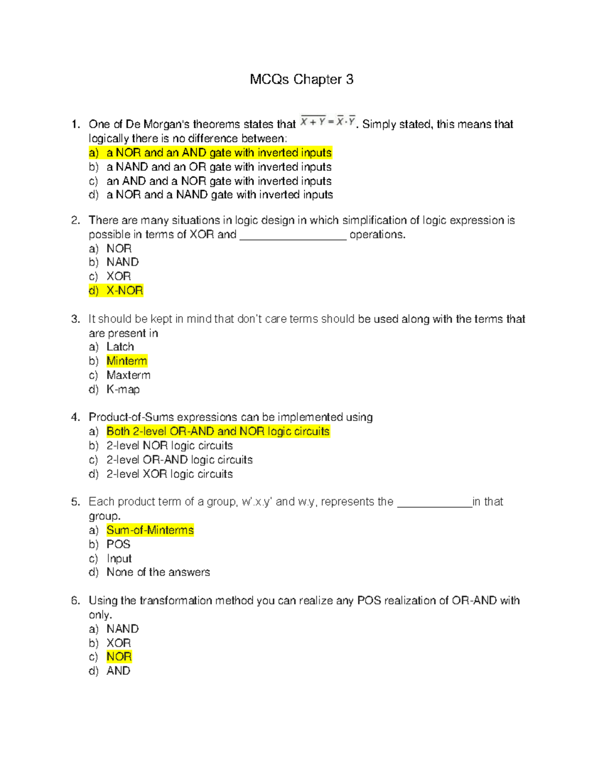 Mcqs Chapter 3 Multiple Choice Questions For Gate Level Minimization