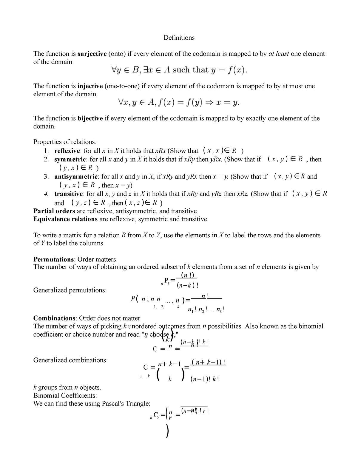 Discrete Mathematics Cheat Sheet Definitions The Function Is