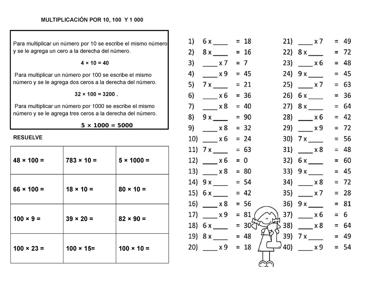 Multiplicación Por 10 MultiplicaciÓn Por 10 100 Y 1 000 Para