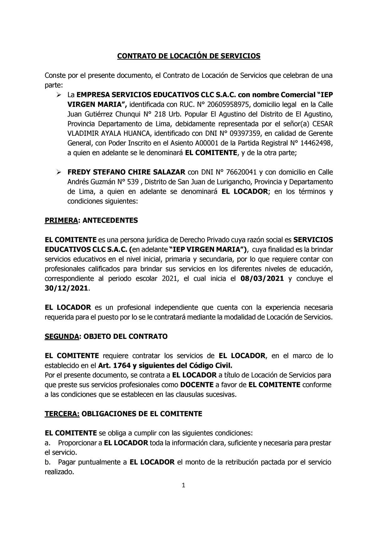 Contrato De Locacion De Servicios Fredy Chire Contrato De LocaciÓn De