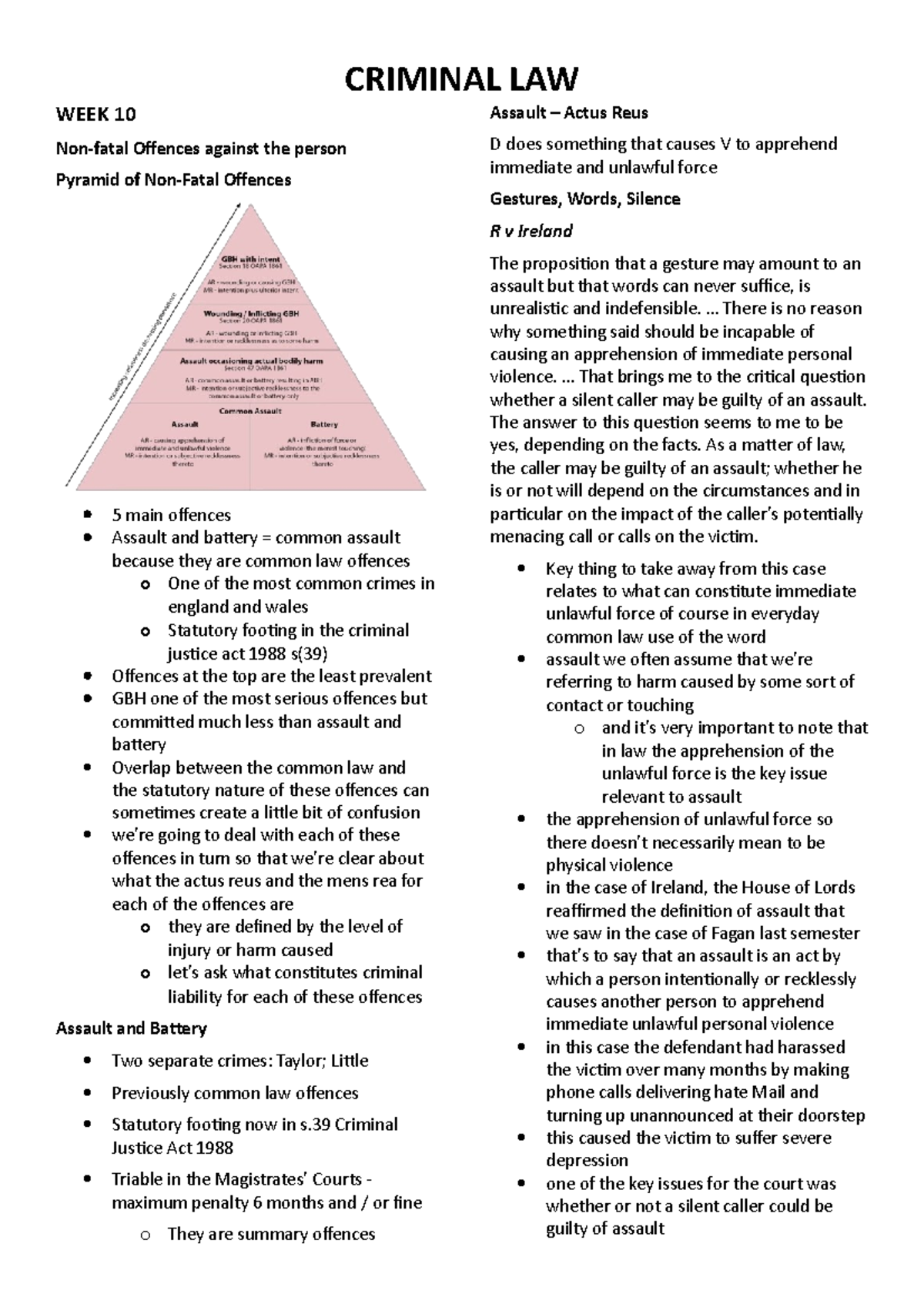 Week 10 Lecture Notes 10 Week 10 Non Fatal Offences Against The