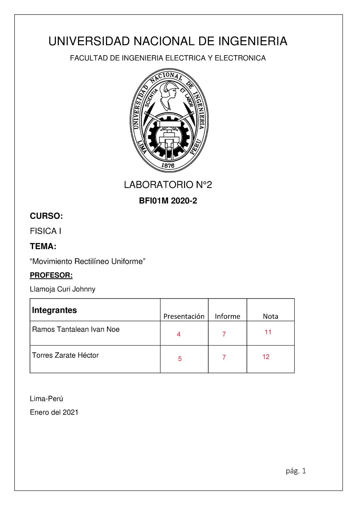 Informe De Lab 2 De Física Universidad Nacional De Ingenieria