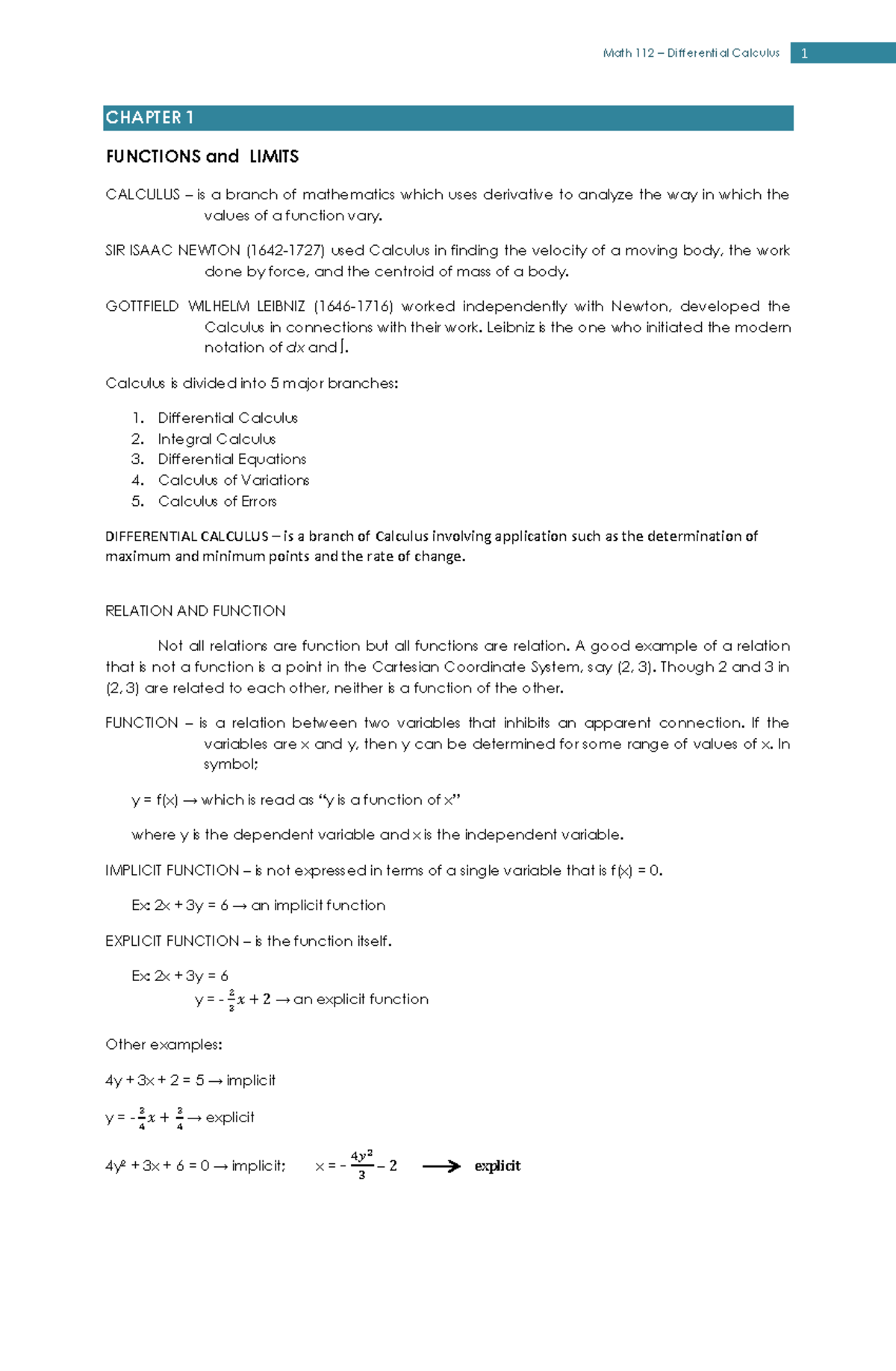 Functions And Limits Lecture Notes 1 Calculus 1 Pangsu Studocu