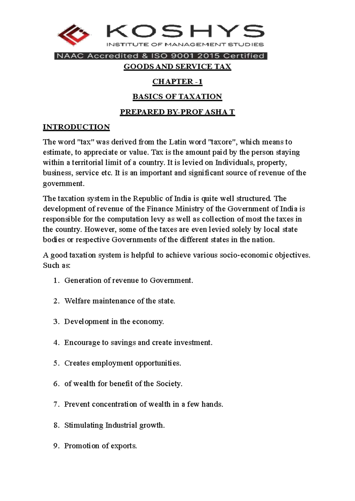 Gst Chapter 1 Notes Goods And Service Tax Chapter 1 Basics Of