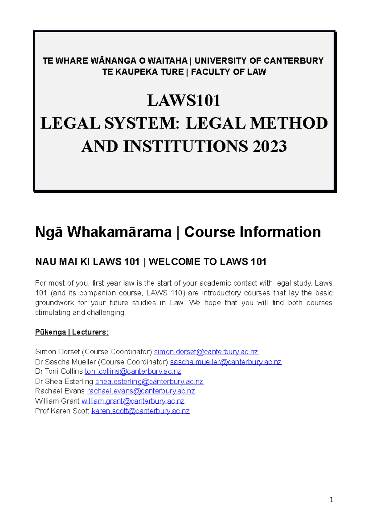 Course Outline 2023 Laws 101 Te Whare WĀnanga O Waitaha University