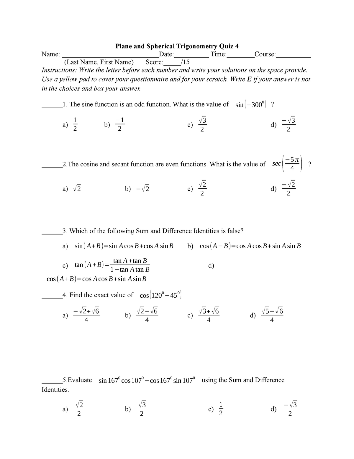 Pst Quiz 4 Plane And Spherical Trigonometry Plane And Spherical