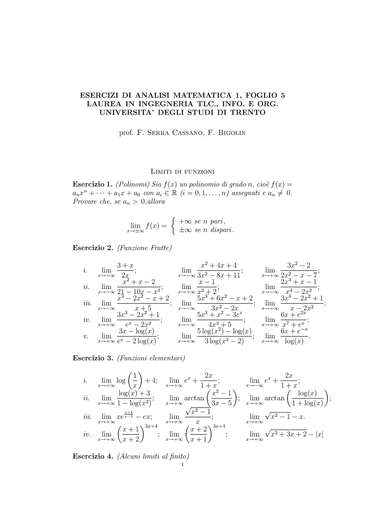 Esercizi Su Limiti Di Funzioni Del Corso Di Analisi Matematica 1