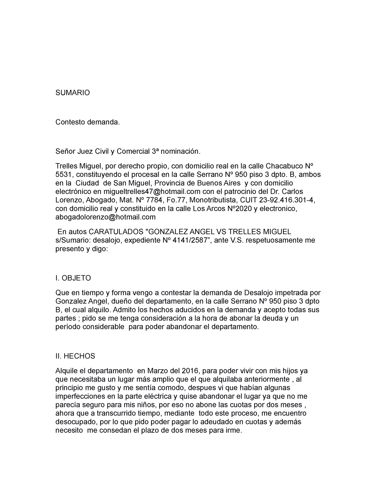 Contestación Demanda Desalojo Sumario Contesto Demanda Señor Juez