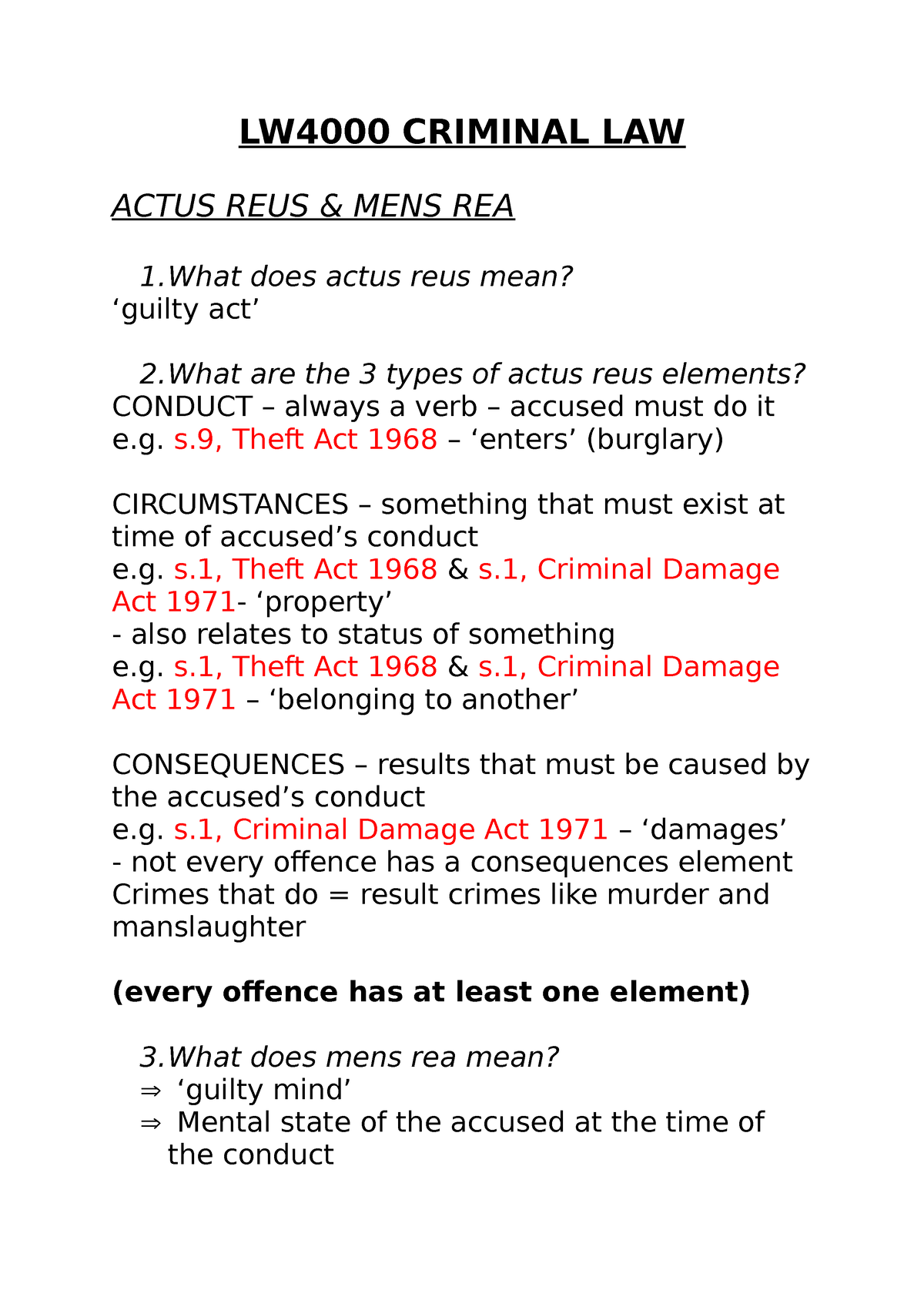 Actus Reus And Mens Rea Lw4000 Criminal Law Actus Reus And Mens Rea 1