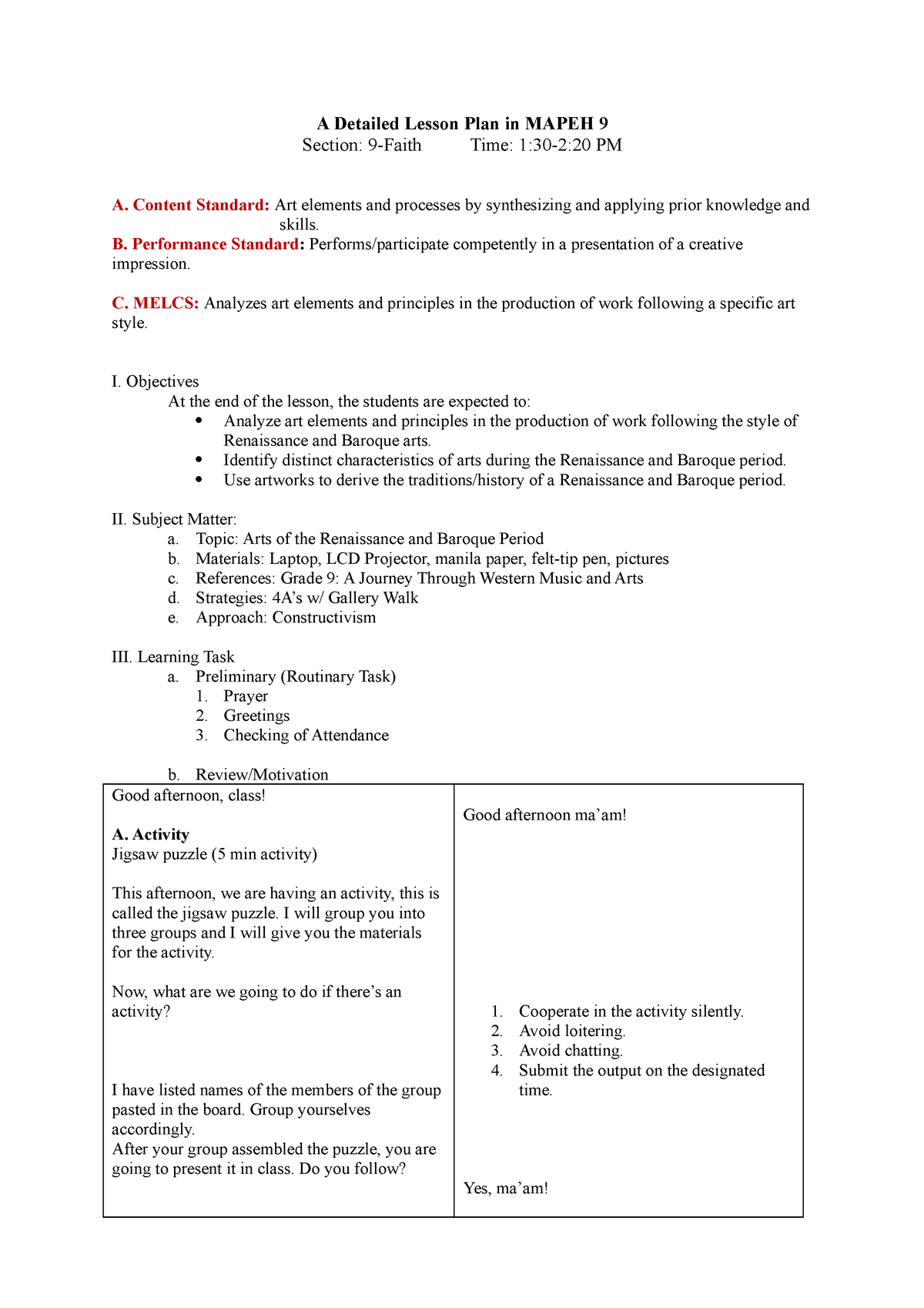 Traditional Detailed Lesson Plan Detailed Lesson Plan In Mapeh 9 Porn